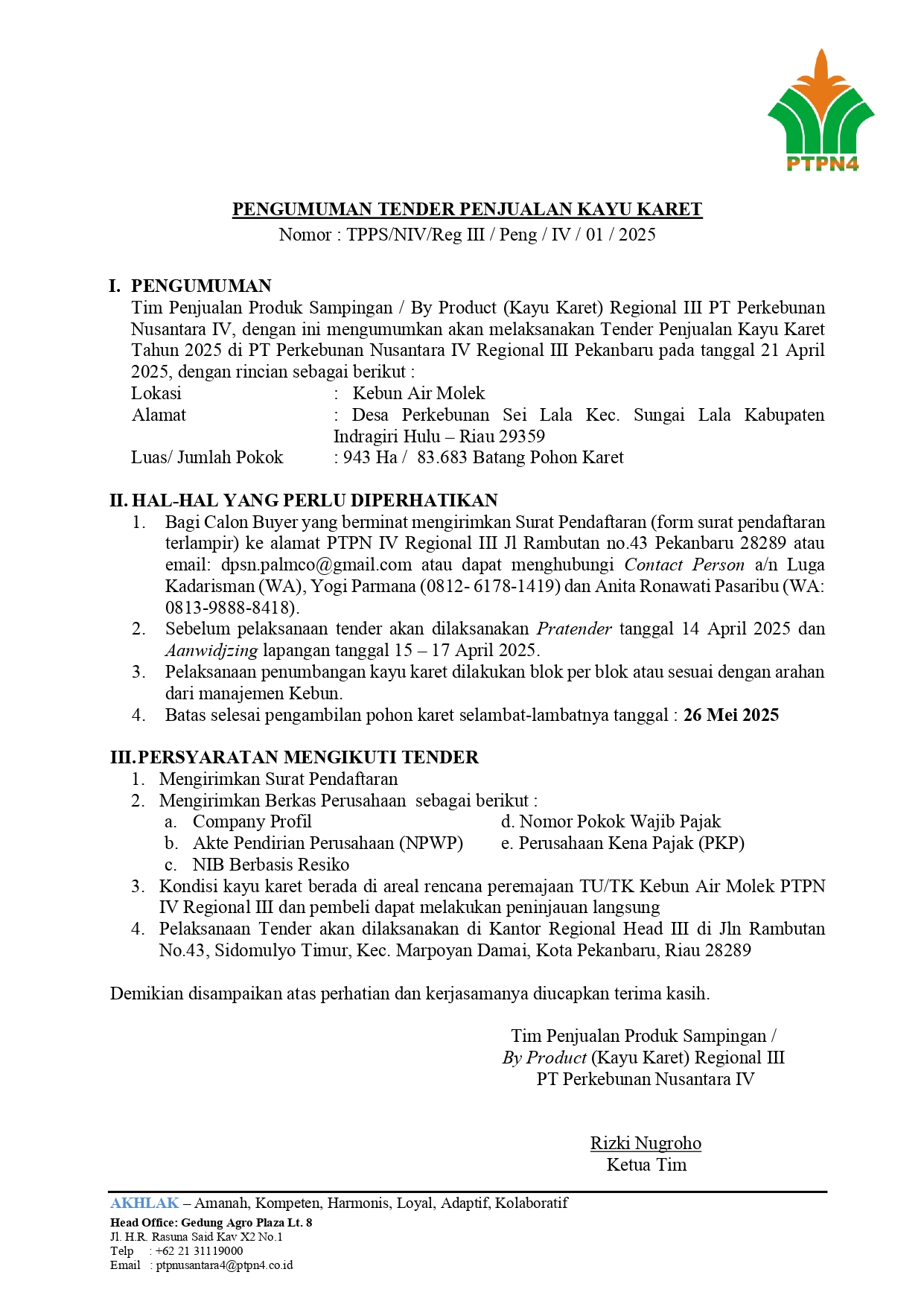 PENGUMUMAN TENDER PENJUALAN KAYU KARET – PT Perkebunan Nusantara IV ...